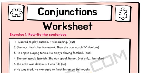 Conjunctions Worksheet Conjunctions Exercises • 7esl
