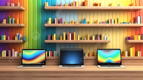 컴퓨터 노트북 휴대 전화 및 태블릿 Pc 3d 그림을 특징으로 하는 무지개 벽 선반 배너 컴퓨터 전화 컴퓨터 Pc 컴퓨터 3d 배경 일러스트 및 사진 무료 다운로드