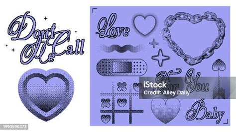 발렌타인 데이를 위한 복고풍 미래 지향적인 사랑 테마 스티커 다른 비트맵 또는 하프톤 요소의 집합입니다 벡터 일러스트 레이 션입니다 하트 별 픽셀 하트 러브 프레이즈 모양의