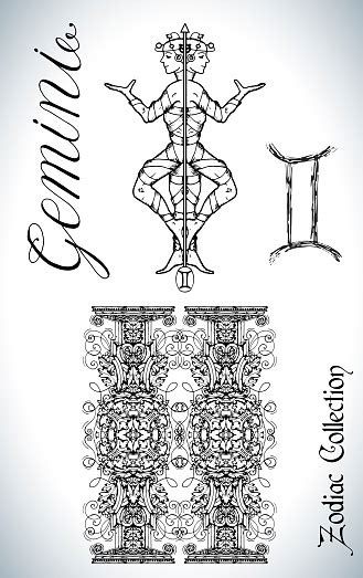 쌍둥이 자리 조디악 기호와 마스코트 그리기로 설정합니다 가공의 인물에 대한 스톡 벡터 아트 및 기타 이미지 가공의 인물 개체 그룹 검은색 Istock