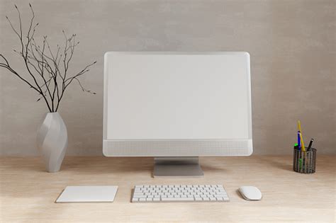 나무 테이블에 데스크톱 컴퓨터 모형이 있는 최소한의 스칸디나비아 작업 공간 3d 렌더링 0명에 대한 스톡 사진 및 기타 이미지 0명 3차원 형태 가정의 방 Istock