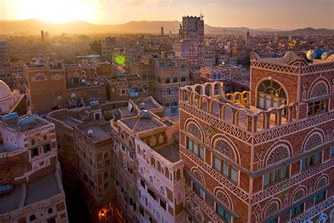 The Unique Architecture Of The Unesco World Heritage City Of Sanaa At Sunset Yemen Gulf