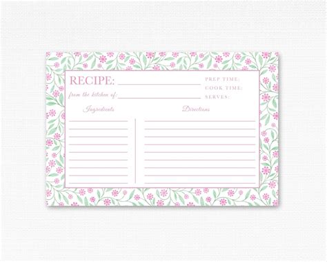 Floral Recipe Cards Pink And Green Flower 4x6 Design For Recipe Boxes
