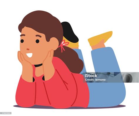 어린 소녀 캐릭터는 뱃속에 누워 손으로 얼굴을 받치고 생각하고 꿈에서 길을 잃었다 벡터 삽화 아이에 대한 스톡 벡터 아트 및 기타 이미지 Istock
