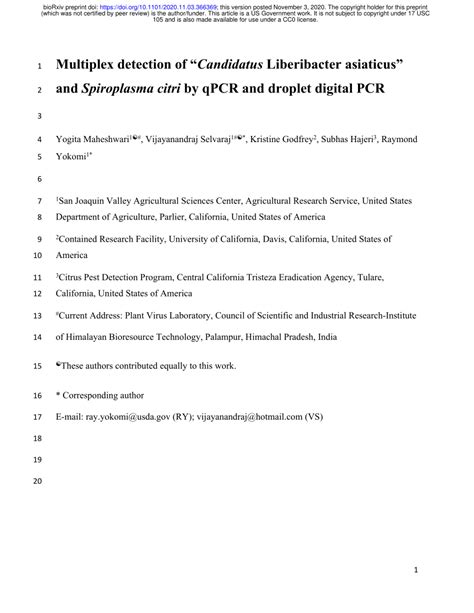 Pdf Multiplex Detection Of Candidatus Liberibacter Asiaticus” And Spiroplasma Citri By Qpcr