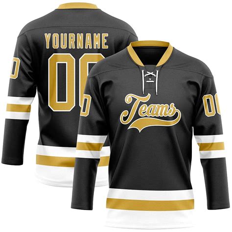 Custom Black Old Gold White Hockey Jersey Lace Neck Famvana