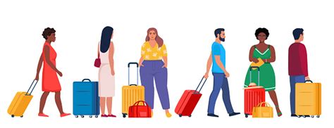 수하물이 있는 다국적 여행자 여행 가방과 가방을 가진 캐릭터 관광객들은 여행 가방을 들고 그룹을 짓고 있습니다 짐을 가지고 여행하는 군중 여행 또는 라이프스타일 블로그를