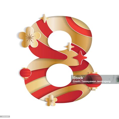 8 숫자 숫자 중국 설날 개념 문자 글꼴 편지 추상 종이 꽃 랜턴 달의 축제 요소 스파클 샤인 그라데이션 골드 레드 3d 종이 레이어 컷아웃 카드 벡터 일러스트 레이 션