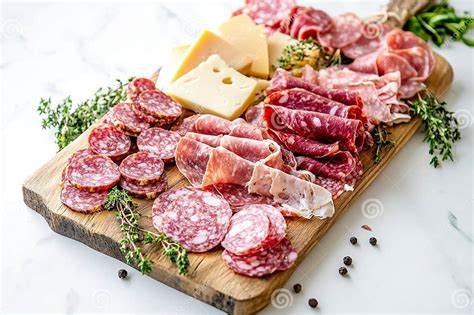 Cold Cuts And Cheese Platter With Fresh Herbs On Wooden Board Stock