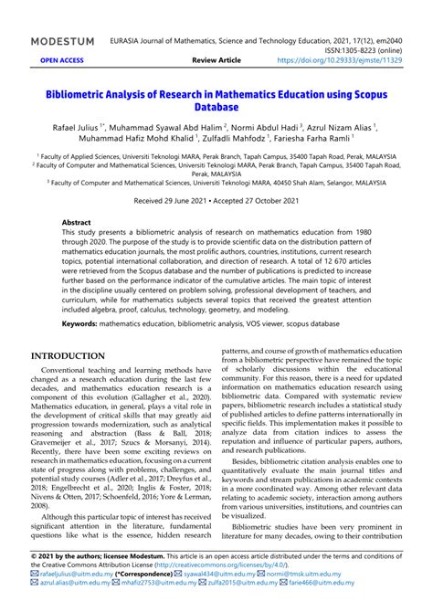 Pdf Bibliometric Analysis Of Research In Mathematics Education Using Scopus Database