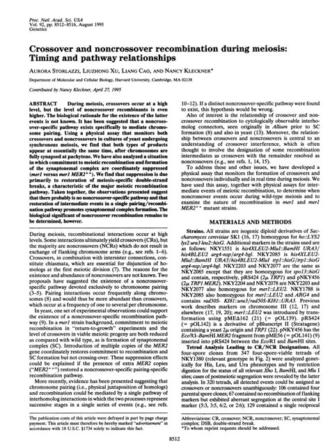Pdf Crossover And Noncrossover Recombination During Meiosis Timing And Pathway Relationships