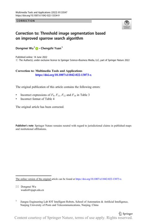 Correction To Threshold Image Segmentation Based On Improved Sparrow