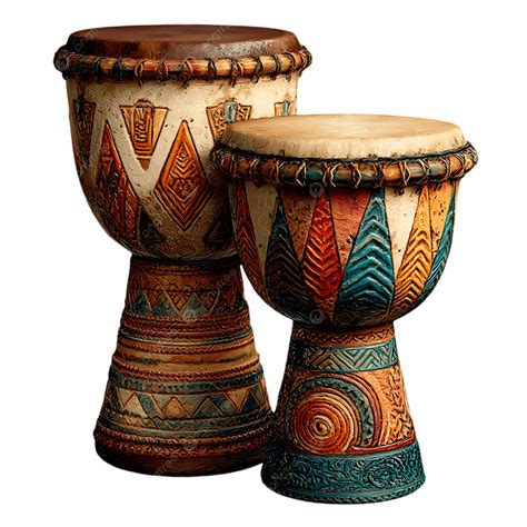 Vibrant Carved African Djembe Drums With Artistic Tribal Detail And