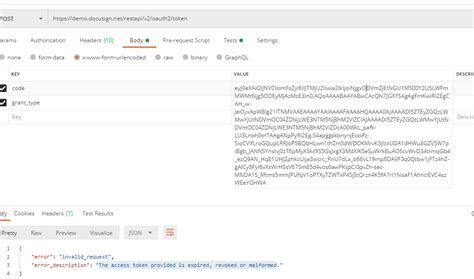 Api Docusign Postman The Access Token Provided Is Expired Revoked Or Malformed Stack Overflow