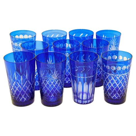 Cobalt Blue Cut To Clear Crystal Drinking Rock Glasses Tumblers Set Of
