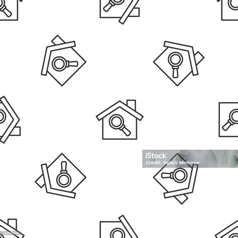 회색 선 검색 집 아이콘은 흰색 배경에 분리된 매끄러운 패턴입니다 돋보기 아래 집의 부동산 상징 벡터 개념에 대한 스톡 벡터 아트 및 기타 이미지 Istock