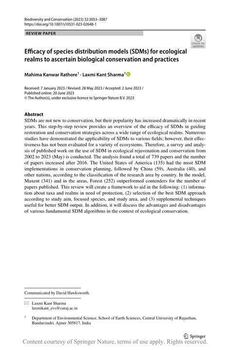 Efficacy Of Species Distribution Models Sdms For Ecological Realms To Ascertain Biological