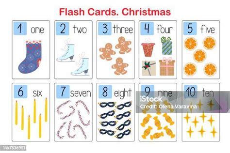 크리스마스 개체 플래시 카드 주제 번호 및 어휘 학습 인쇄 가능 어린이 보육원 유치원 유치원 또는 여가 활동 교사 리소스 게임을위한 교육 영어 워크 시트 낱말에 대한 스톡