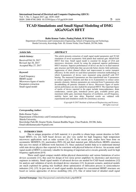 Pdf Tcad Simulations And Small Signal Modeling Of Dmg Algangan Hfet