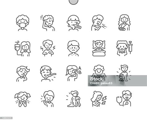 아픈 아이들 건강에 해로운 아이들 두통 발열 기침 수혈 및 기타 건강 관리 및 의학 픽셀 퍼펙트 벡터 가는 선 아이콘 간단한 최소 픽토그램 아이에 대한 스톡 벡터 아트 및