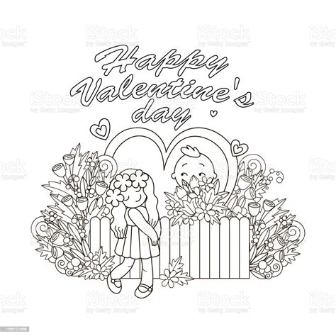 색칠 공부 소년은 소녀에게 꽃다발을 제공합니다 비문 해피 발렌타인 데이 엽서 배너 낙서 벡터와 가족에 대한 스톡 벡터 아트 및 기타 이미지 Istock