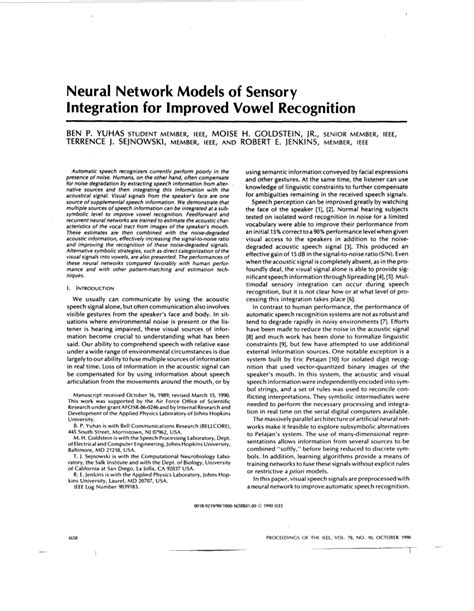 Pdf Neural Network Models Of Sensory Integration For Improved Vowel Recognition