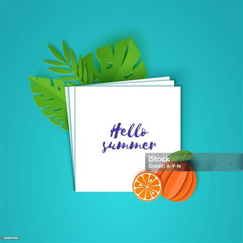 메모 용지에 열대 잎과 주황색 종이 컷 스타일의 식물과 과일의 벡터 그림입니다 여러 개의 흰색 시트가 서로 겹쳐져 있으며 텍스트 공간이 있습니다 3차원 형태에 대한 스톡