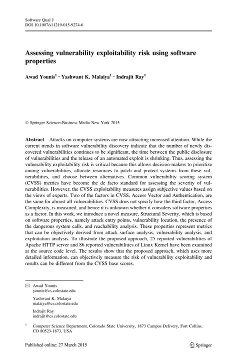 Pdf Assessing Vulnerability Exploitability Risk Using Software Properties