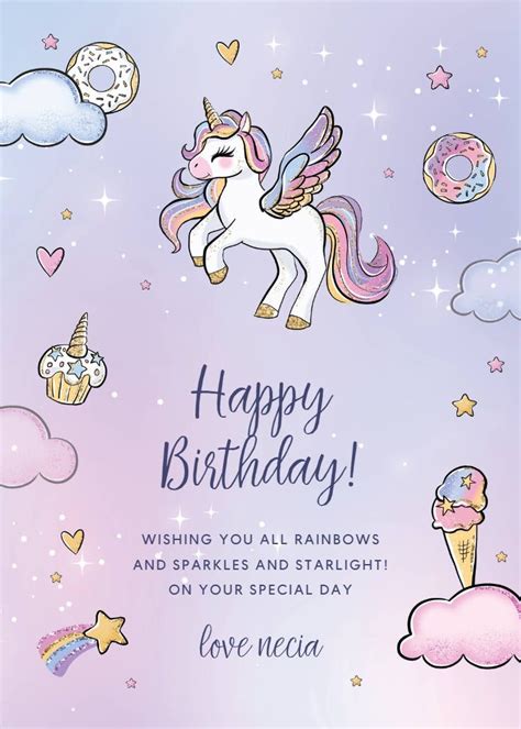 Happy Birthday Wishes With Unicorns Unicorn Birthday Card By Macie Dot