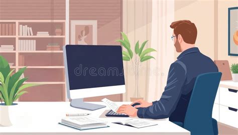 Man Sitting At A Desk Working On A Computer And Handling Paperwork In A Modern Office With