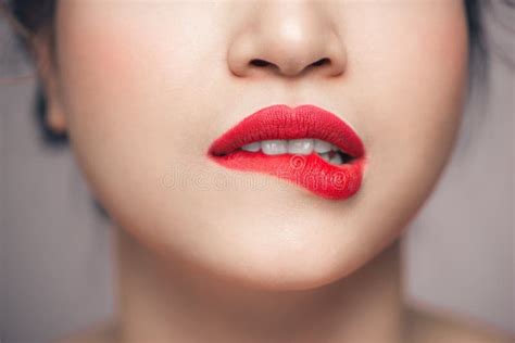Red Lips Closeup Make Up Concept Beautiful Perfect Lips Stock Image
