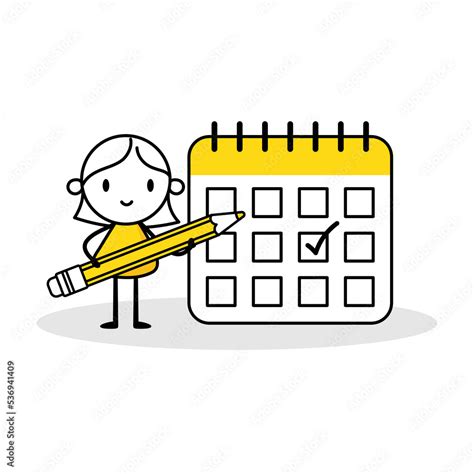 Woman Check Calendar Female Character With Pencil Concept Mark On The Calendar Work Month