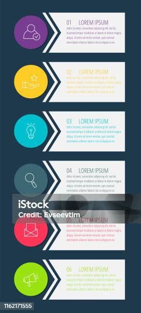 6 개의 레이블 다이어그램 그래프 프리젠 테이션에 대한 벡터 인포 그래픽 플랫 템플릿 원 6 가지 옵션과 화살표가있는 비즈니스 개념 콘텐츠 순서도 단계 타임 라인 워크플로