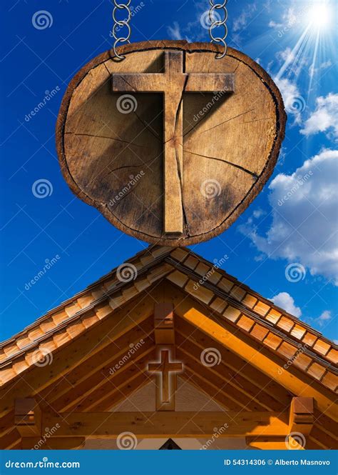 Cross On Tree Trunk With Wooden Church Stock Illustration Illustration Of Cracked Bark 54314306