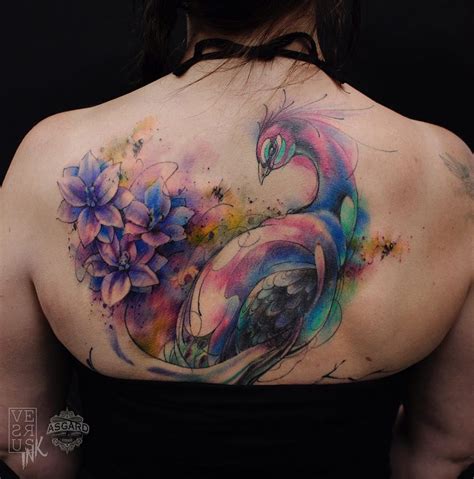Peacock And Flowers Girls Back Tattoo