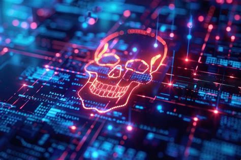 Cybersecurity Threat Concept With A Neon Glowing Skull Symbolizing Malicious Hacking And