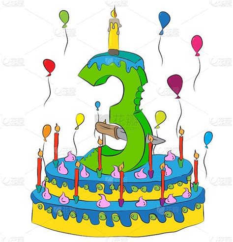 生日蛋糕与三号蜡烛庆祝生命的第三年彩色气球和巧克力涂层
