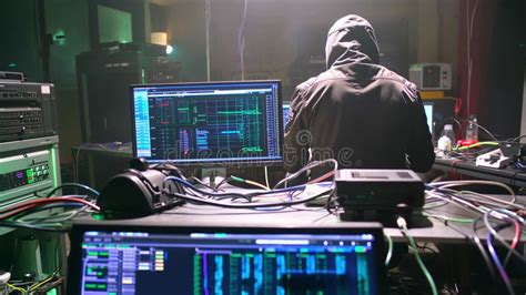 Hooded Hacker Working Intensely In Dimly Lit Server Room Infiltrating Corporate Network Through