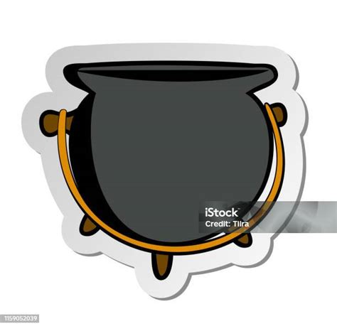 벡터 일러스트 흰색 배경에 고립 된 평면 만화 스타일의 황금 손잡이가있는 검은 냄비스티커 2차 도형에 대한 스톡 벡터 아트 및 기타 이미지 2차 도형 가마솥 검은색