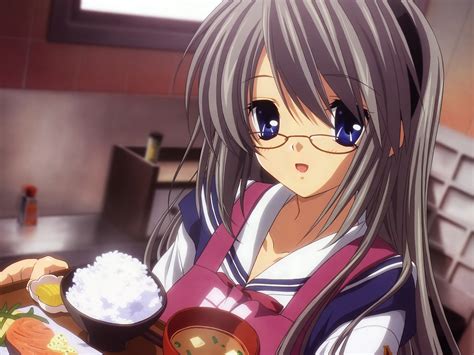 Blue Eyes Clannad Glasses Gray Hair Long Hair Sakagami Tomoyo