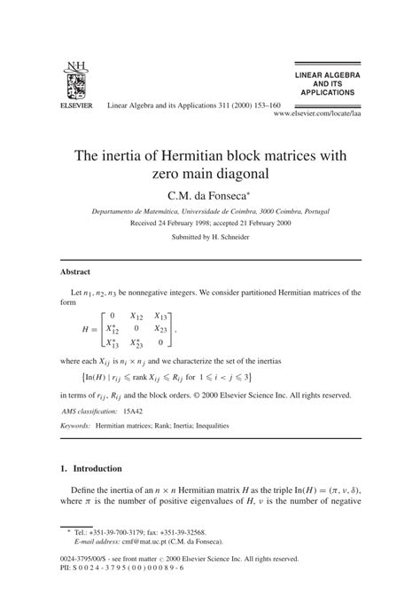 Pdf The Inertia Of Hermitian Block Matrices With Zero Main Diagonal