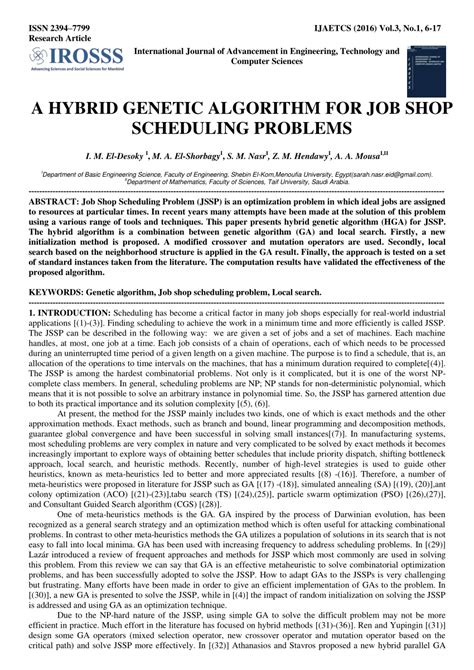 PDF A HYBRID GENETIC ALGORITHM FOR JOB SHOP SCHEDULING PROBLEMS
