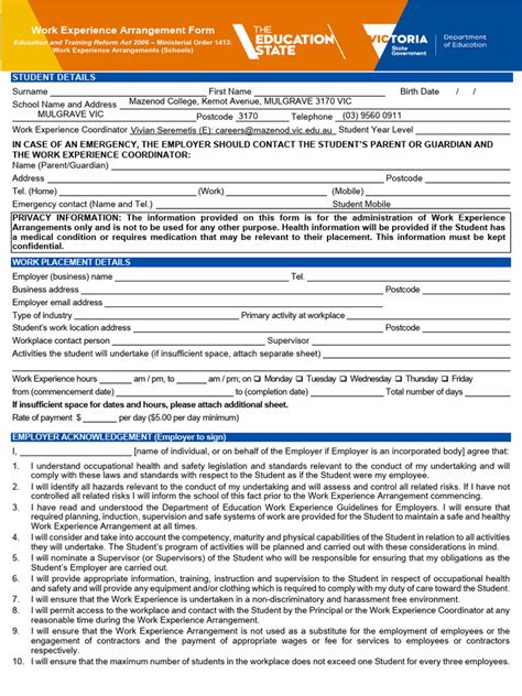 Work Experience Arrangement Form 2024 Pdf Occupational Safety And Health Employment
