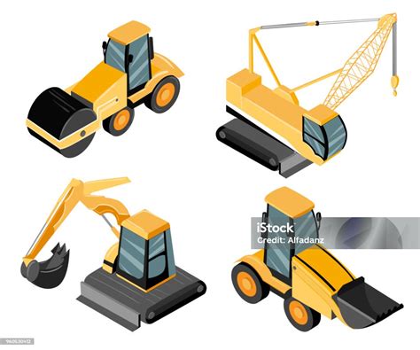 건설 기계 집합입니다 도 롤러 굴 삭 기 크레인입니다 작업 컴퓨터의 기본 노란 색입니다 벡터 그림을 흰색 배경에 고립입니다 웹 사이트 페이지 및 모바일 애플 리 케이 션