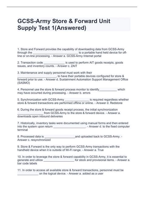 GCSS Army Store Forward Unit Supply Test Answered GCSS Army Stuvia US