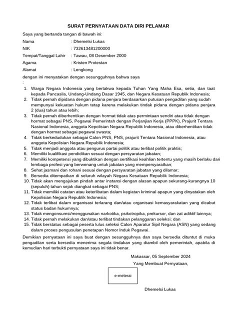 Surat Pernyataan Data Diri Pdf