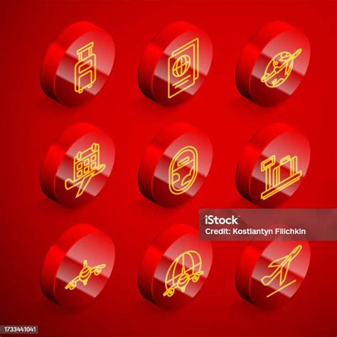 라인 여행 가방 여권 비행 비행기 달력 및 비행기 비행기 창 스케일 여행 가방 비행기 및 아이콘이있는 지구본을 설정하십시오 벡터 3차원 형태에 대한 스톡 벡터 아트 및 기타