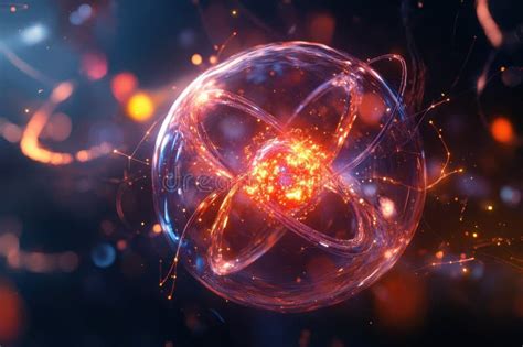 Illustration Of A Colorful Atomic Structure With Glowing Particles In A Dark Background Stock