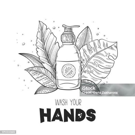 손으로 그린 알코올 젤 소독제 식물과 문구 벡터 그래픽 그림은 흰색 배경에 고립 손을 씻어 위생 바이러스 예방 및 독감 예방을 위한 개념 손 세정제에 대한 스톡 벡터 아트