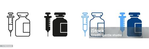 주사 치료 독감 예방 접종 검정 및 색상 기호 컬렉션 의료 유리 병 및 주사기 라인 및 실루엣 아이콘 세트입니다 바이알 픽토그램의 인슐린 용량 고립된 벡터 그림 0명에 대한